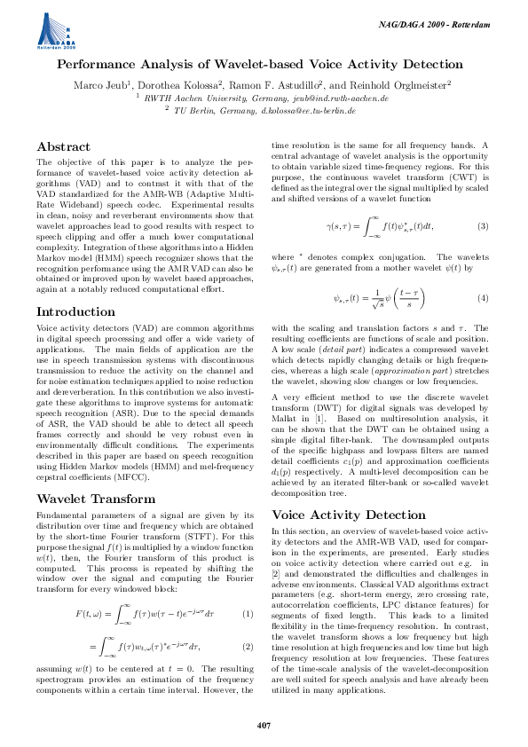 (PDF) Performance analysis of wavelet-based voice activity detection