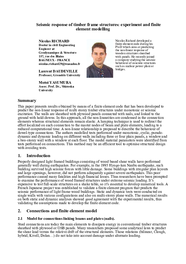 (PDF) Seismis response of timber frame structures: experiment and finite element modelling