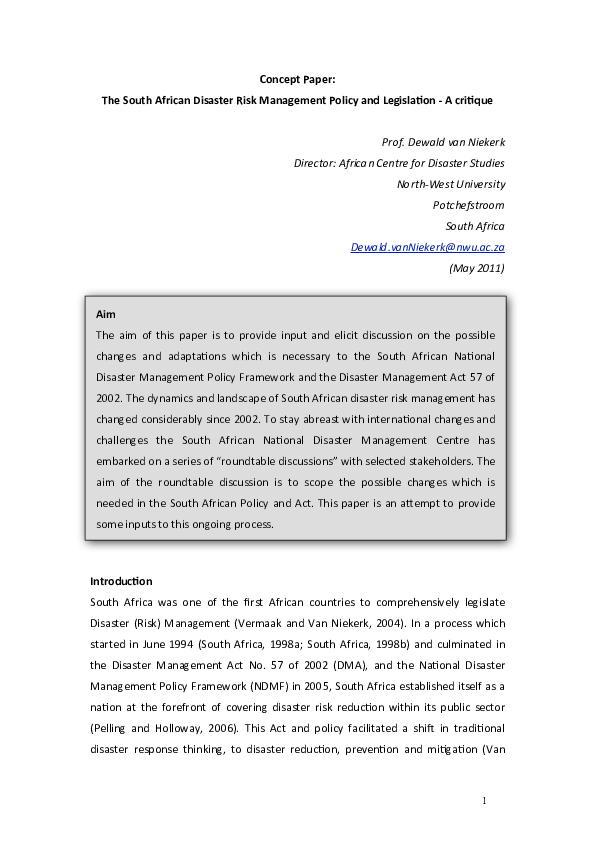 (PDF) Concept Paper: The South African Disaster Risk Management Policy ...