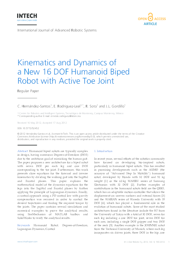 (PDF) Kinematics and Dynamics of a New 16 DOF Humanoid Biped Robot with Active Toe Joint