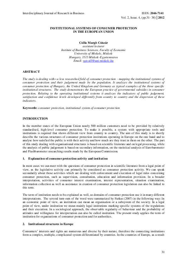 (PDF) INSTITUTIONAL SYSTEMS OF CONSUMER PROTECTION IN THE EUROPEAN UNION