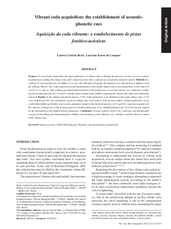 (PDF) Vibrant coda acquisition: the establishment of acoustic-phonetic ...