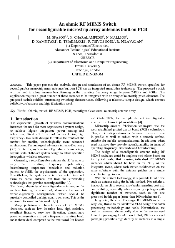 Pdf An Ohmic Rf Mems Switch For Reconfigurable Microstrip Array