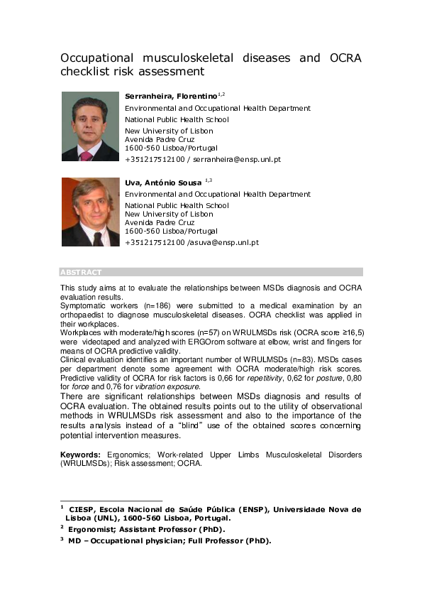 (PDF) Occupational musculoskeletal diseases and OCRA checklist risk ...