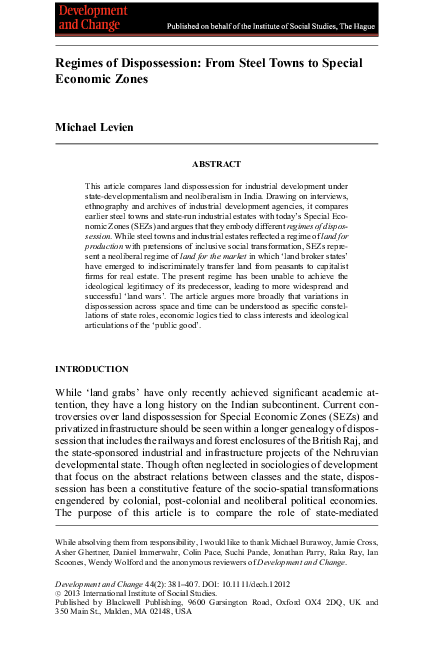 (PDF) Regimes of Dispossession: From Steel Towns to Special Economic Zones