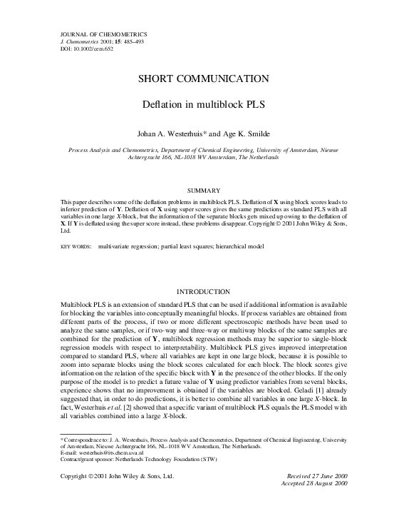 (PDF) Deflation in multiblock PLS