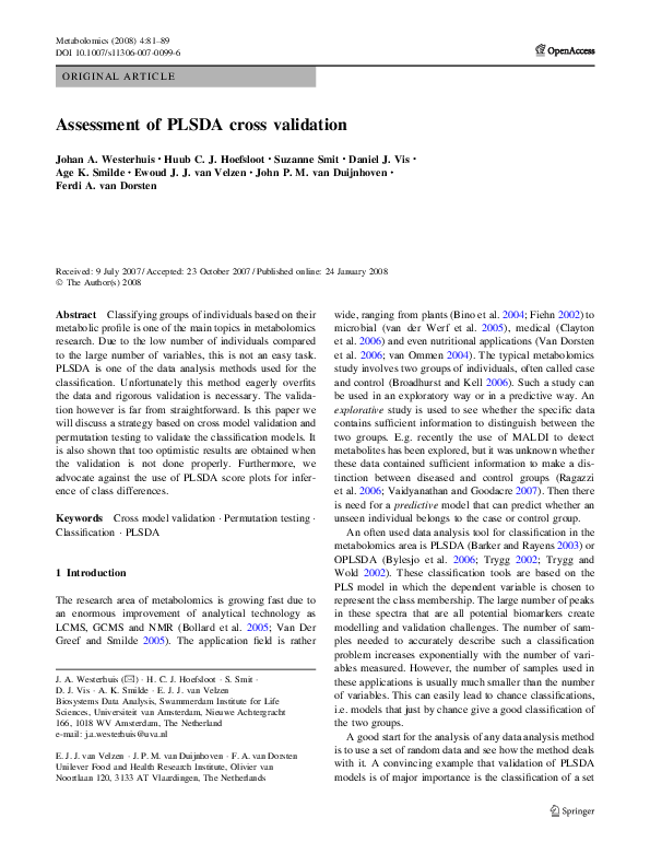 (PDF) Assessment of PLSDA cross validation
