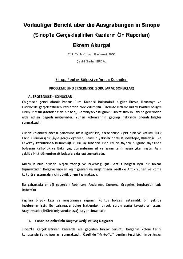 (PDF) Vorläufiger Bericht über die Ausgrabungen in Sinope - Ekrem ...