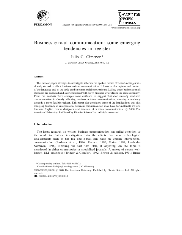 (PDF) Business e-mail communication: some emerging tendencies in register