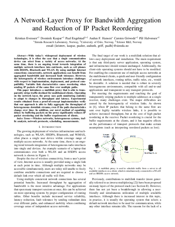 Pdf A Network Layer Proxy For Bandwidth Aggregation And Reduction Of Ip Packet Reordering