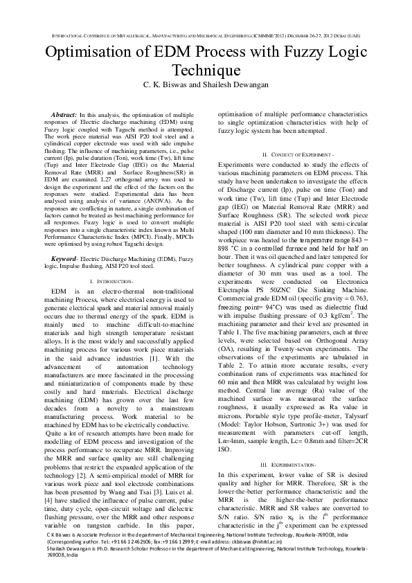 (PDF) Optimisation of EDM Process with Fuzzy Logic Technique