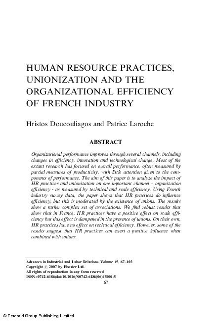 (PDF) Efficiency, Productivity and Employee Relations in French ...