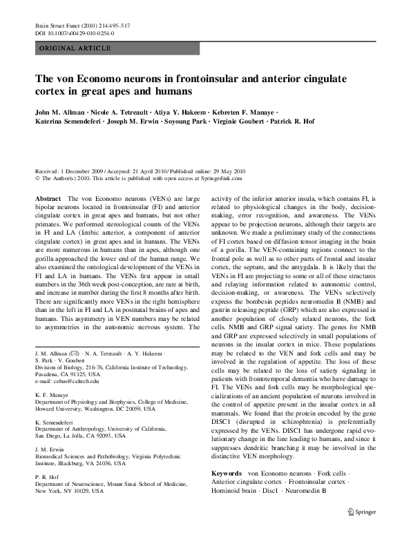 (PDF) The von Economo neurons in frontoinsular and anterior cingulate ...