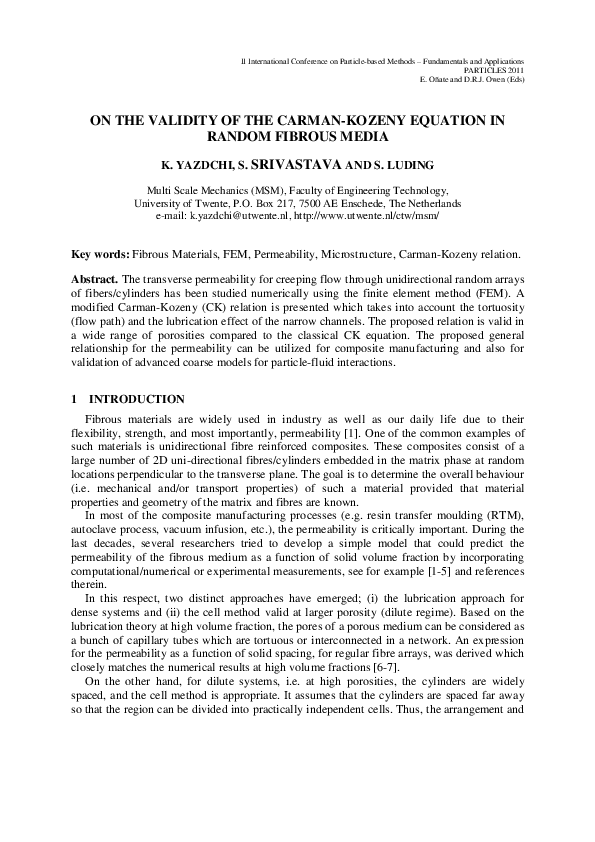 (PDF) On the validity of the Carman-Kozeny equation in random fibrous media