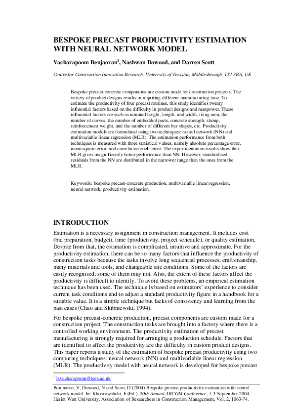 (PDF) BESPOKE PRECAST PRODUCTIVITY ESTIMATION WITH NEURAL NETWORK MODEL