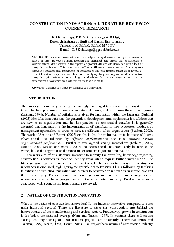 (PDF) Construction innovation: a literature review on current research