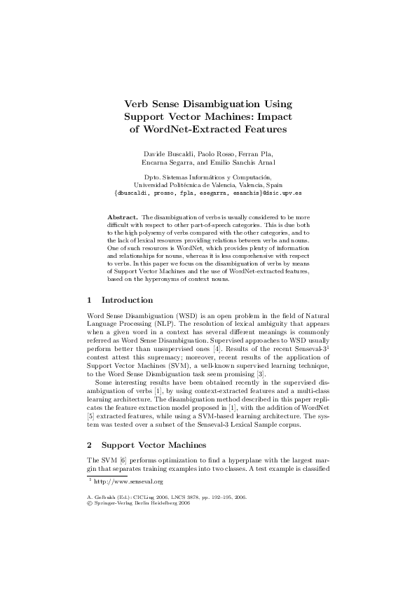Pdf Verb Sense Disambiguation Using Support Vector Machines Impact Of Wordnet Extracted Features