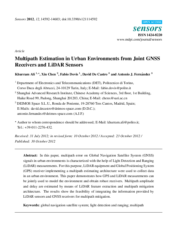 (PDF) Multipath Estimation in Urban Environments from Joint GNSS Receivers and LiDAR Sensors