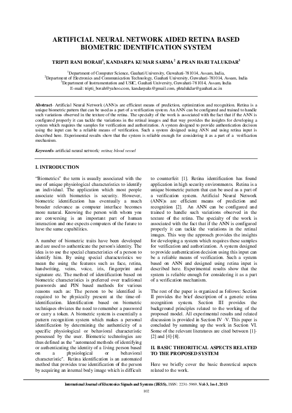 (PDF) ARTIFICIAL NEURAL NETWORK AIDED RETINA BASED BIOMETRIC IDENTIFICATION SYSTEM