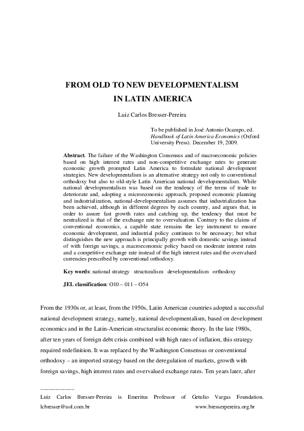 (PDF) From old to new developmentalism in Latin America