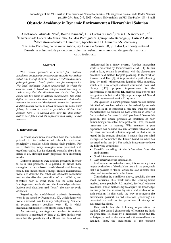 (PDF) Obstacle Avoidance in Dynamic Environment: a Hierarchical Solution