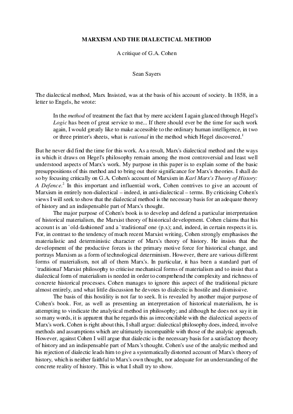 (PDF) MARXISM AND THE DIALECTICAL METHOD A critique of G.A. Cohen