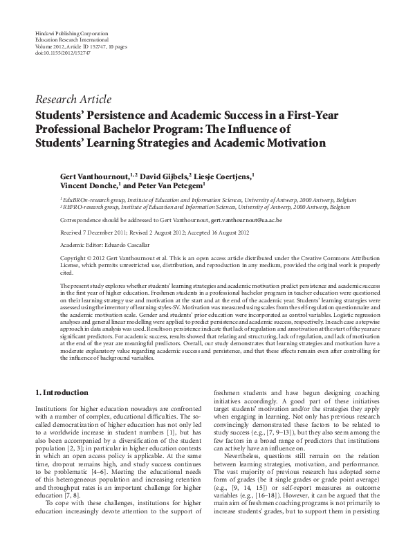 (PDF) Students' Persistence and Academic Success in a First-Year ...