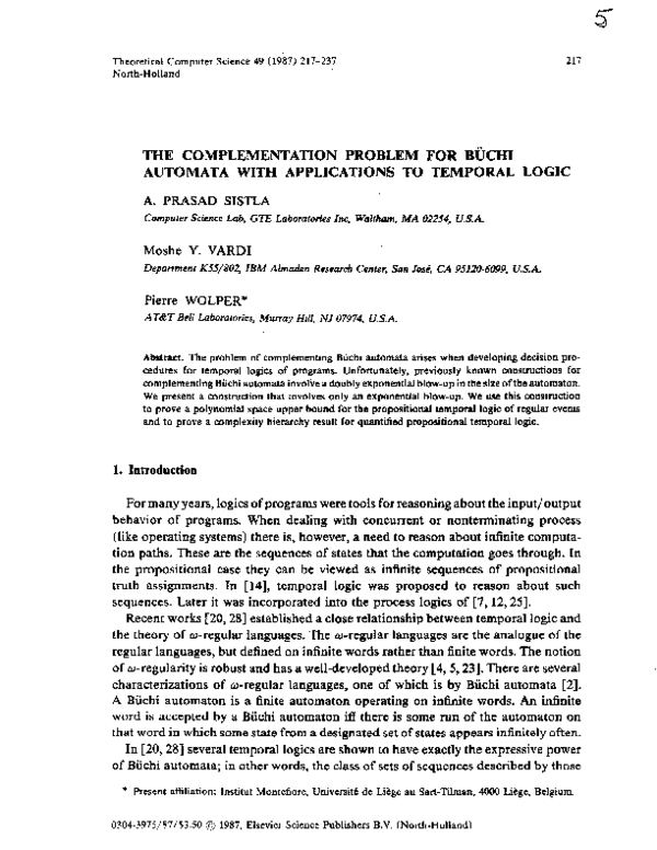 (PDF) The complementation problem for Büchi automata with applications to temporal logic