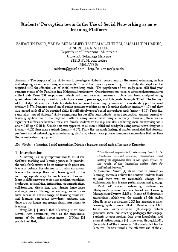 (PDF) Student’s Perception towards the Use of Social Networking as an e-Learning Platform in