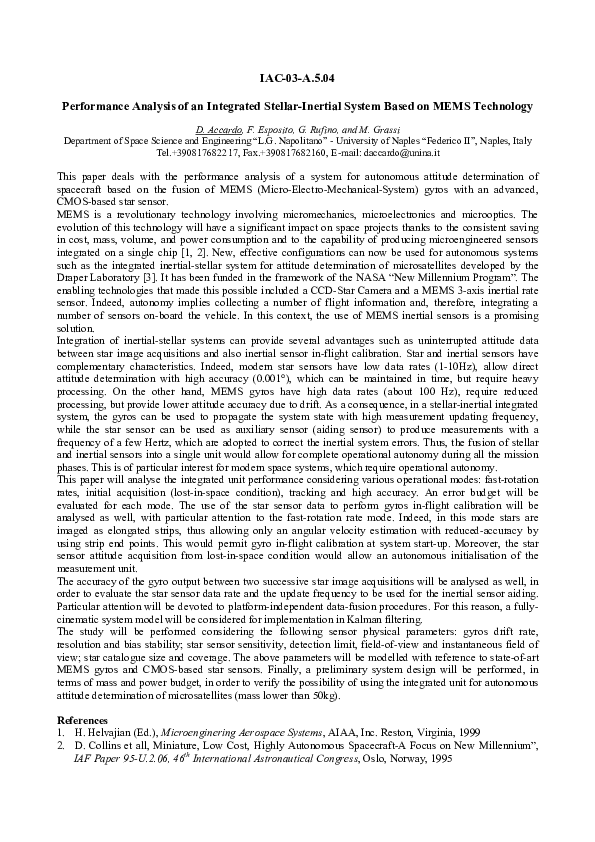 Pdf Performance Analysis Of An Integrated Stellar Inertial System Based On Mems Technology