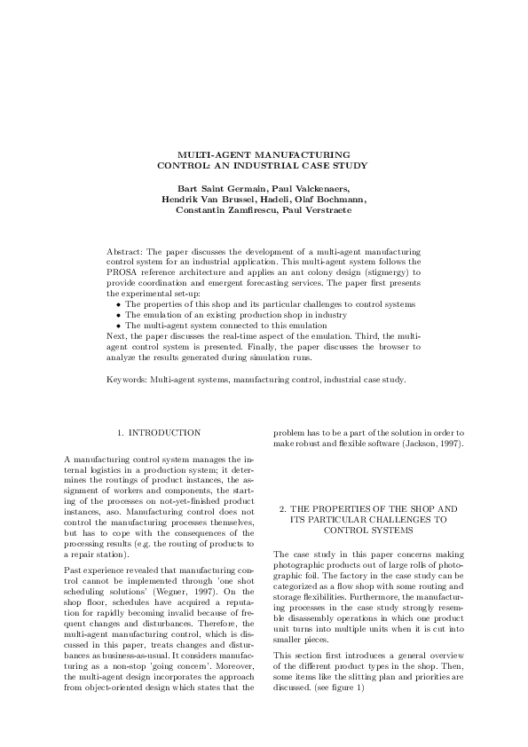 (PDF) Multi-agent manufacturing control: an industrial case study