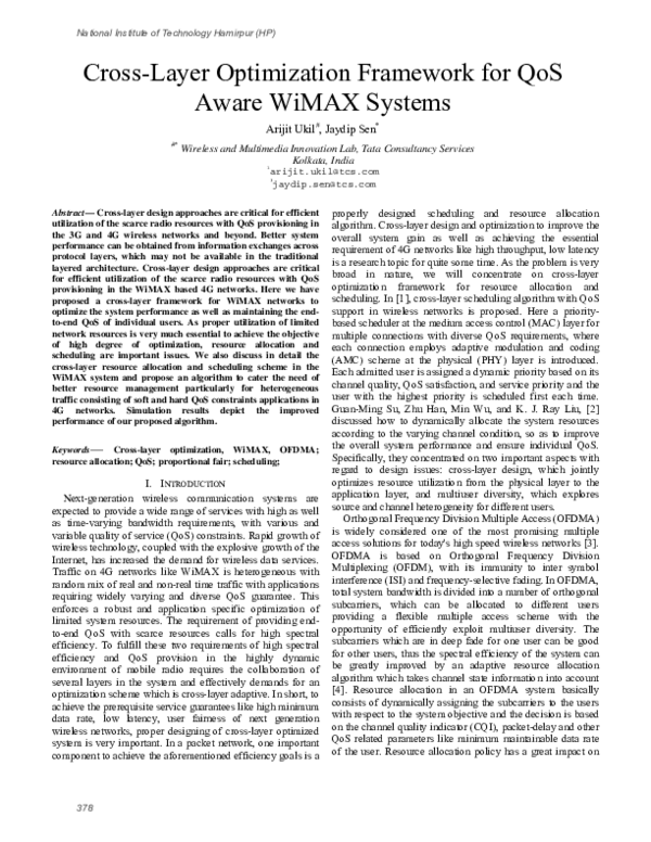(PDF) Cross-Layer Optimization Framework for QoS Aware WiMAX Systems