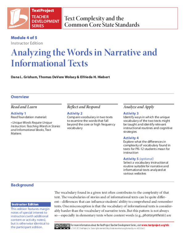 (PDF) Analyzing the Words in Narrative and Informational Texts
