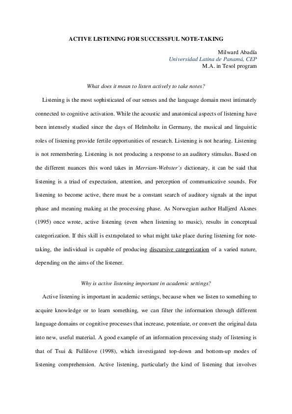 (PDF) Active LISTENING for Successful Note-Taking