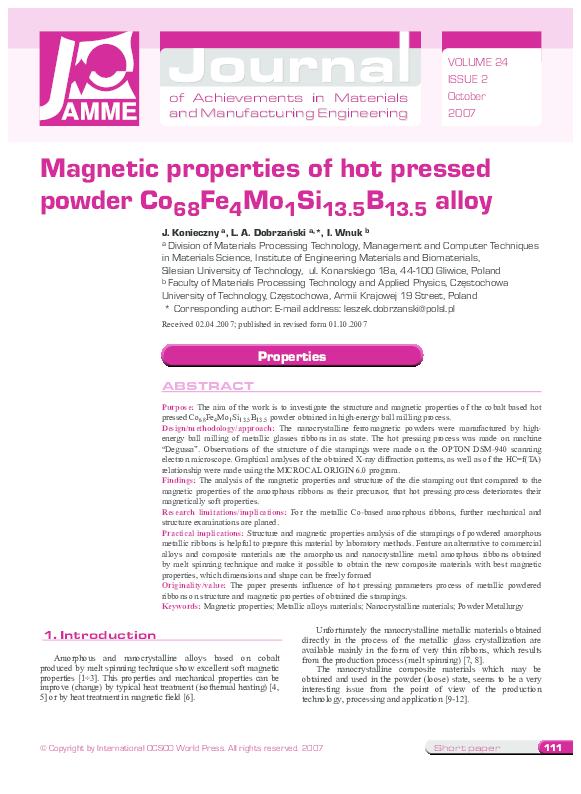 (PDF) Magnetic properties of hot pressed powder Co68Fe4Mo1Si13.5B13.5 alloy