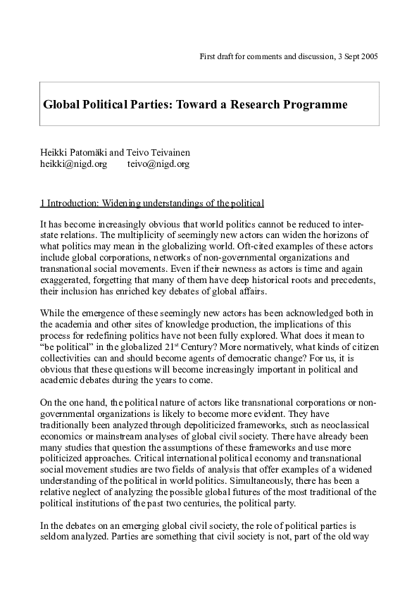 (PDF) Global political parties: toward a research programme