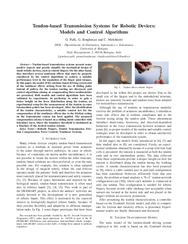 (PDF) Tendon-based transmission systems for robotic devices: Models and control algorithms