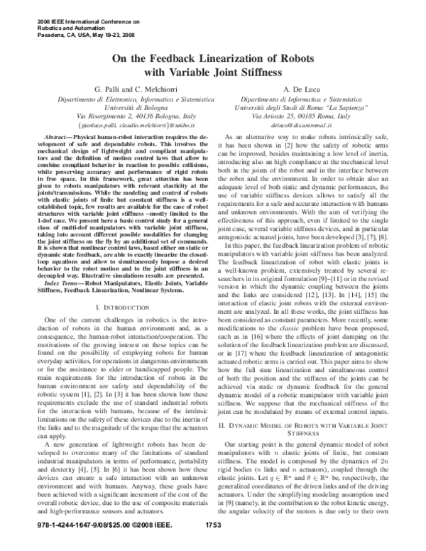 Pdf On The Feedback Linearization Of Robots With Variable Joint Stiffness