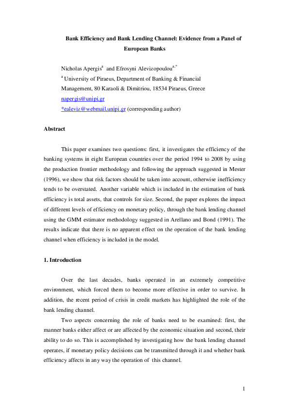 (PDF) Bank Efficiency and Bank Lending Channel: Evidence from a Panel ...