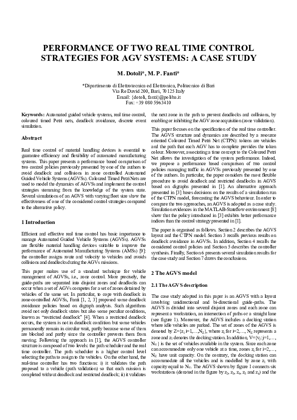 (PDF) Performance of Two real time Control Strategies for AGV Systems ...