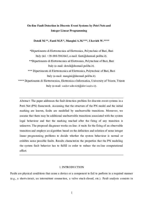 (PDF) On-line fault detection in discrete event systems by Petri nets and integer linear programming