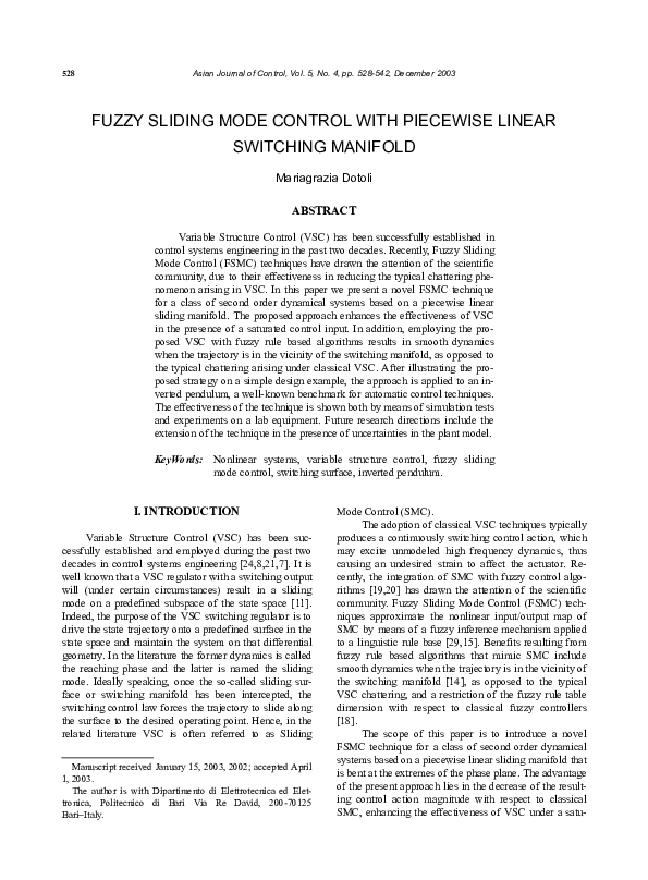 (PDF) Fuzzy sliding mode control with piecewise linear switching manifold