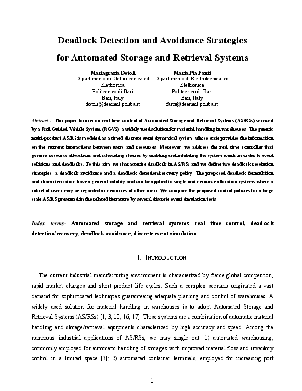 (PDF) Deadlock detection and avoidance strategies for automated storage and retrieval systems