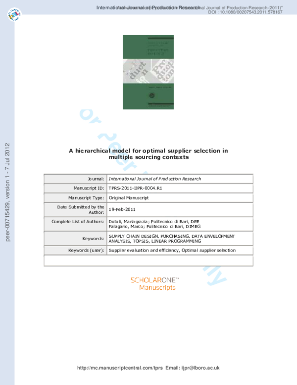 Pdf A Hierarchical Model For Optimal Supplier Selection In Multiple