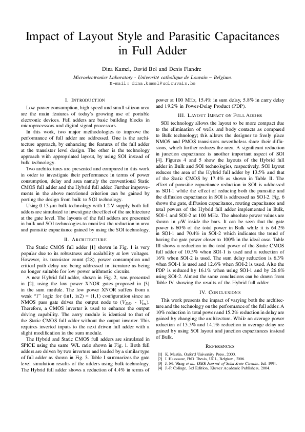 (PDF) Impact of layout style and parasitic capacitances in full adder