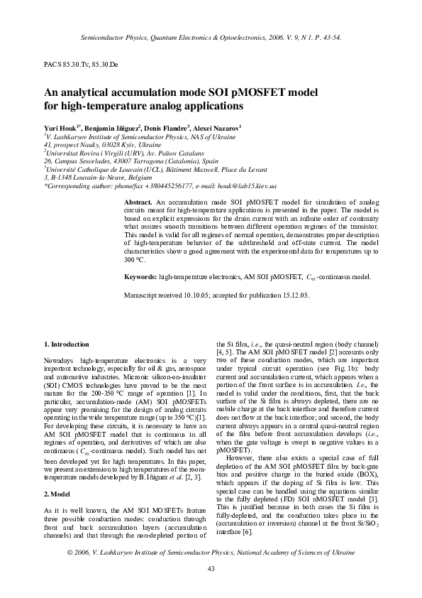 (PDF) An analytical accumulation mode SOI pMOSFET model for high-temperature analog applications