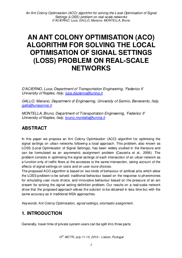 Pdf An Ant Colony Optimisation Aco Algorithm For Solving The Local Optimisation Of Signal