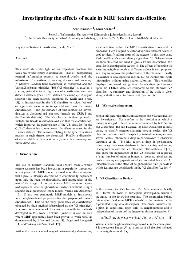 (PDF) Investigating the Effects of Scale in MRF (Markov Random Field) Texture Classification