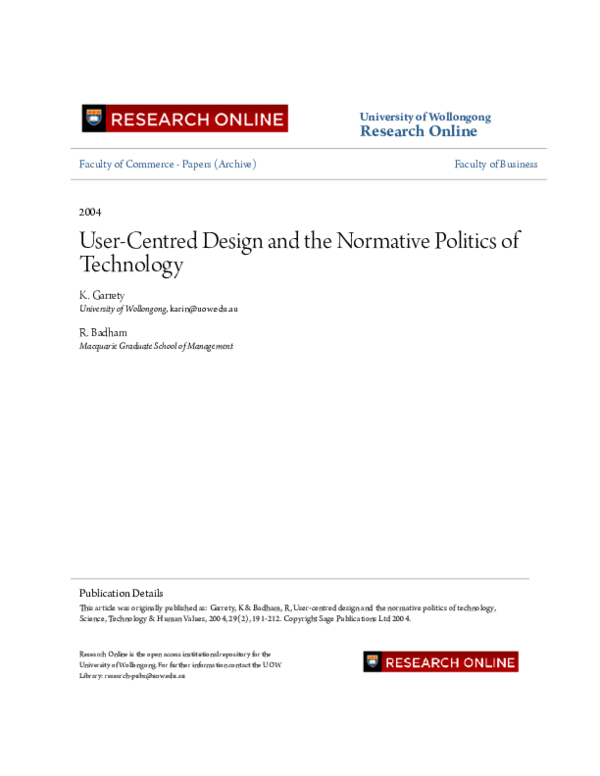 (PDF) User-centered design and the normative politics of technology