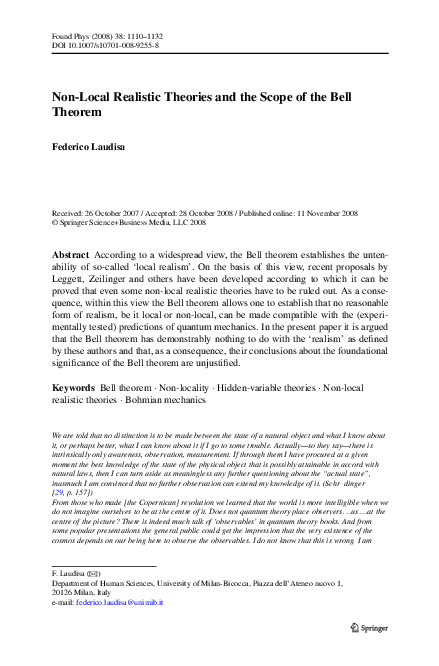 (PDF) Non-local realistic theories and the scope of the Bell theorem